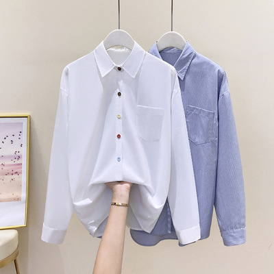 2025春装新款复古简约撞色条纹宽松百搭领衬衫女春季长袖上衣8609