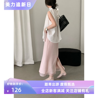 夏上新款上市新通勤度假百搭A版韩气001领系带显瘦无袖亚麻小衫