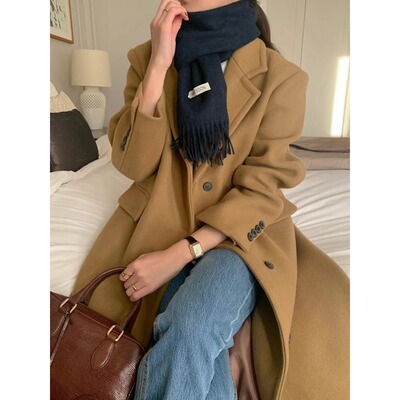 韩国气质西装领过膝长款毛呢大衣