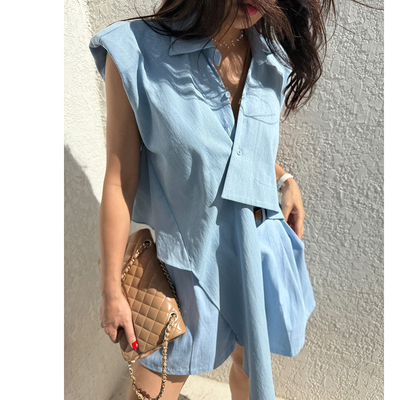 韩国不规则牛仔背心衬衫+短裤