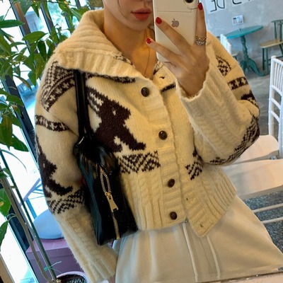 韩国小翻领卡通提花毛衣外套