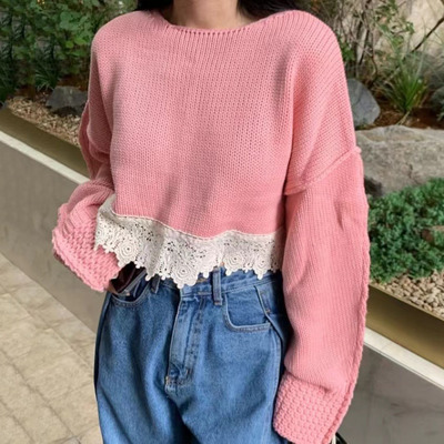 韩国蕾丝拼接针织衫宽松短款毛衣