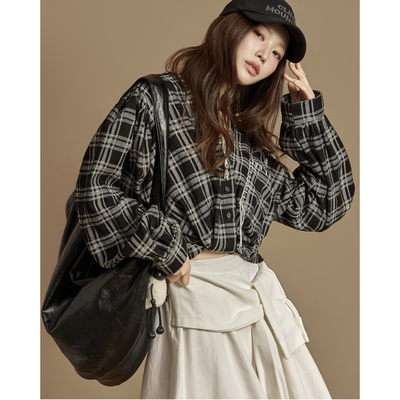 韩国泡泡长袖V领短款格子衬衫女