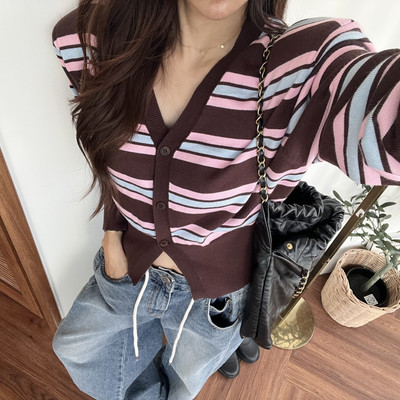 韩国条纹V领收腰针织衫毛衣