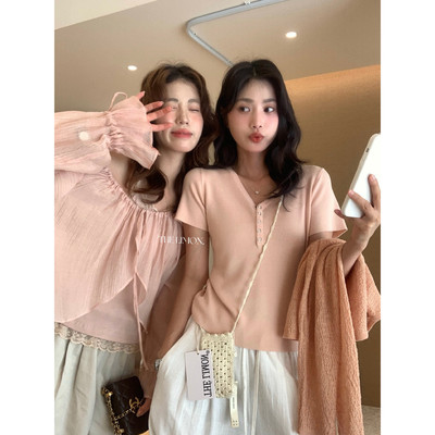 THE LIMON柠檬绿茶夏季时尚百搭减龄V领可调节钉扣修身针织衫女