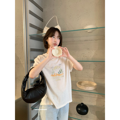 IMISS韩标简约休闲韩系通勤宽松卡通图案印花圆领短袖T恤上衣女春