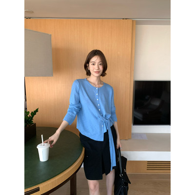 KITTIN韩版休闲宽松简约显瘦慵懒风设计感竹节肌理绑带针织开衫女