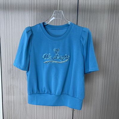 5659品牌剪标T恤新款重工亮片钉珠夏季宽松百搭下摆系绳短袖上衣