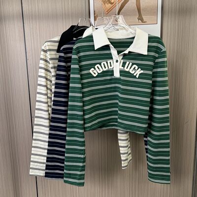 6669撤柜xxq条纹POLO春秋季短款翻领长袖新款打底