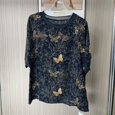 0236品牌撤柜FS夏季新款妈妈装上衣女短袖花色蝴蝶烫钻宽松版T恤