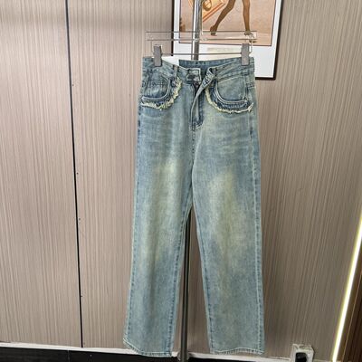 9038撤柜AG设计感小众阔腿毛边牛仔裤休闲高腰筒裤宽松阔长裤