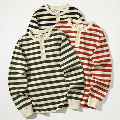 阿美咔叽复古条纹长袖亨利领T恤