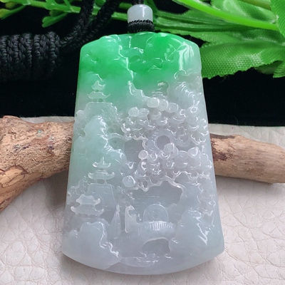 mut自然光53.2*34.8*6.8天然缅甸翡翠白底青山水牌大好河山玉吊坠