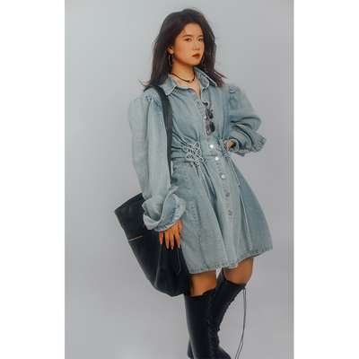 复古高腰全棉牛仔纯色绑带泡泡袖