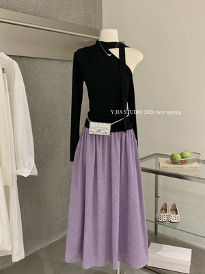 Y.JIA伊嘉韩系不规则斜领露肩修身镂空小衫+高腰显瘦半身伞裙套装