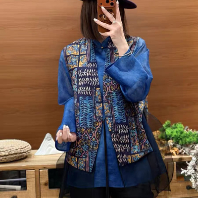 一起26夏上新新中式拼纱设计中长款系绳马甲(不含下装+内搭)7852