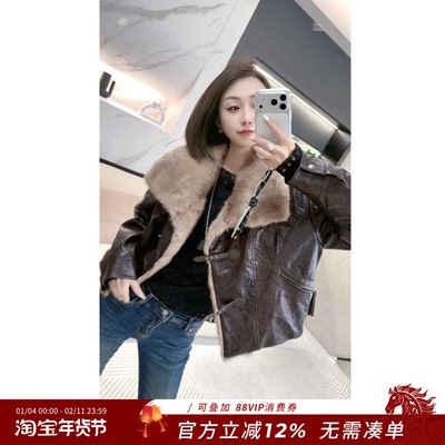 熙薇 2025冬季复古油蜡皮进口青根貂大毛领外套H6163