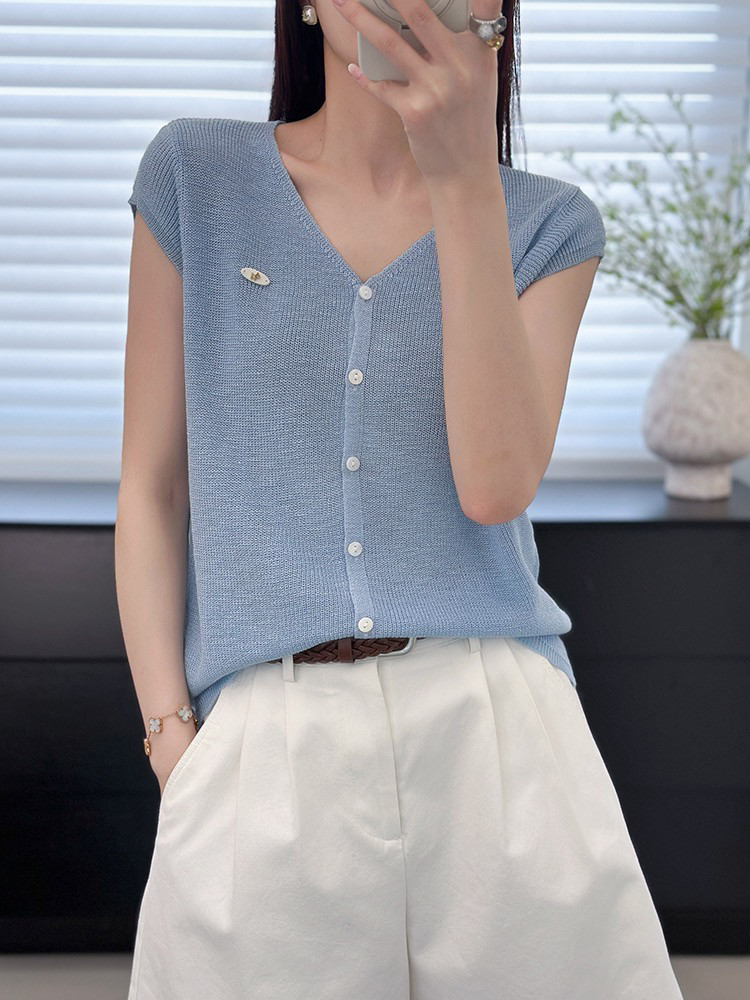 BM-1038 新款V领短袖针织开衫女宽松显瘦百搭毛衣外套上衣