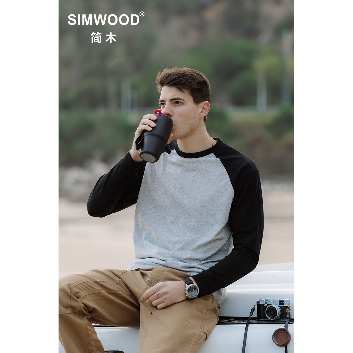 Simwood简木男装【宽松版型】新品280g重磅插肩袖圆领拼色长袖T恤_虎窝淘