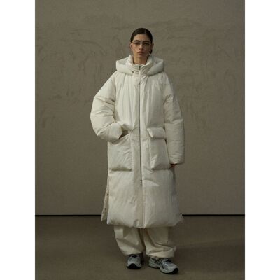 冬季新款舒适柔软微皱棉感棉被包裹廓形长羽绒服