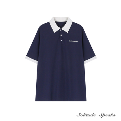 SOLITUDE SPEAKS 字母刺绣宽松休闲百搭潮流上衣短袖POLO衫