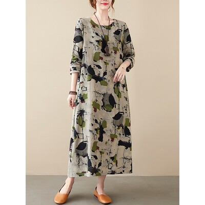 Long Sleeve Cotton Linen Vintage Print Dresses For Women 202