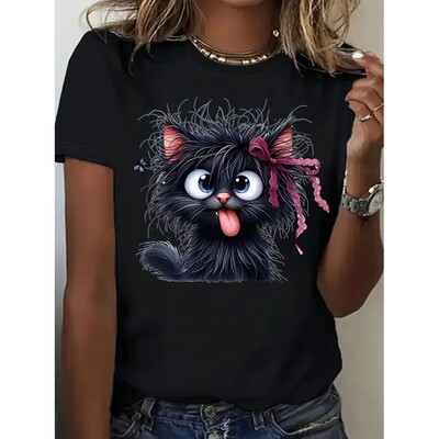 Plus Size Women's Funny Fried Cat Cartoon T-Shirt with Playf