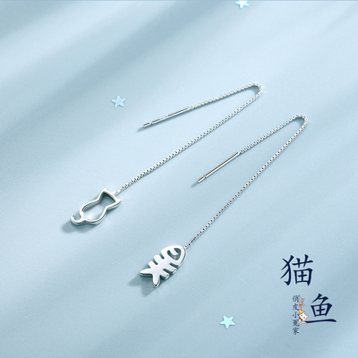 纯银猫鱼骨耳线女耳环韩国气质网红大圆脸2022新款潮森系耳饰超仙