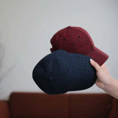 颖颖家 显脸小复古日系进口精梳羊毛小格子鸭舌帽围巾三角巾W1441