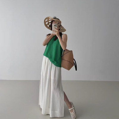 GLOG2025夏季亚麻天丝侧开叉裙女