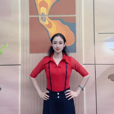 欢舞阁摩登舞吉特巴舞蹈服广场舞气质蕾丝带V领女舞衣A0747