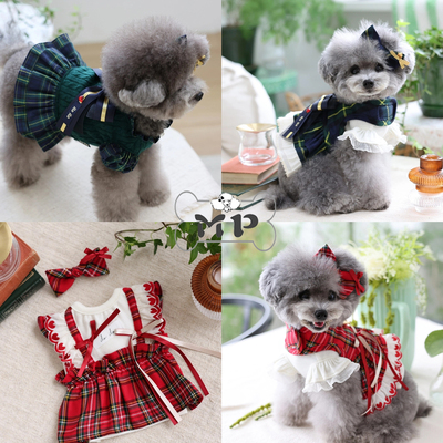 韩代iloilo宠物格纹蝴蝶结连衣裙