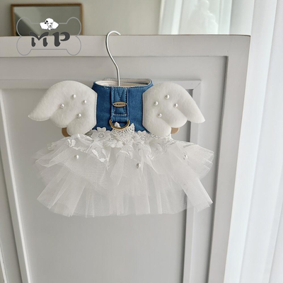 韩代宠物天使翅膀蕾丝边牛仔胸背