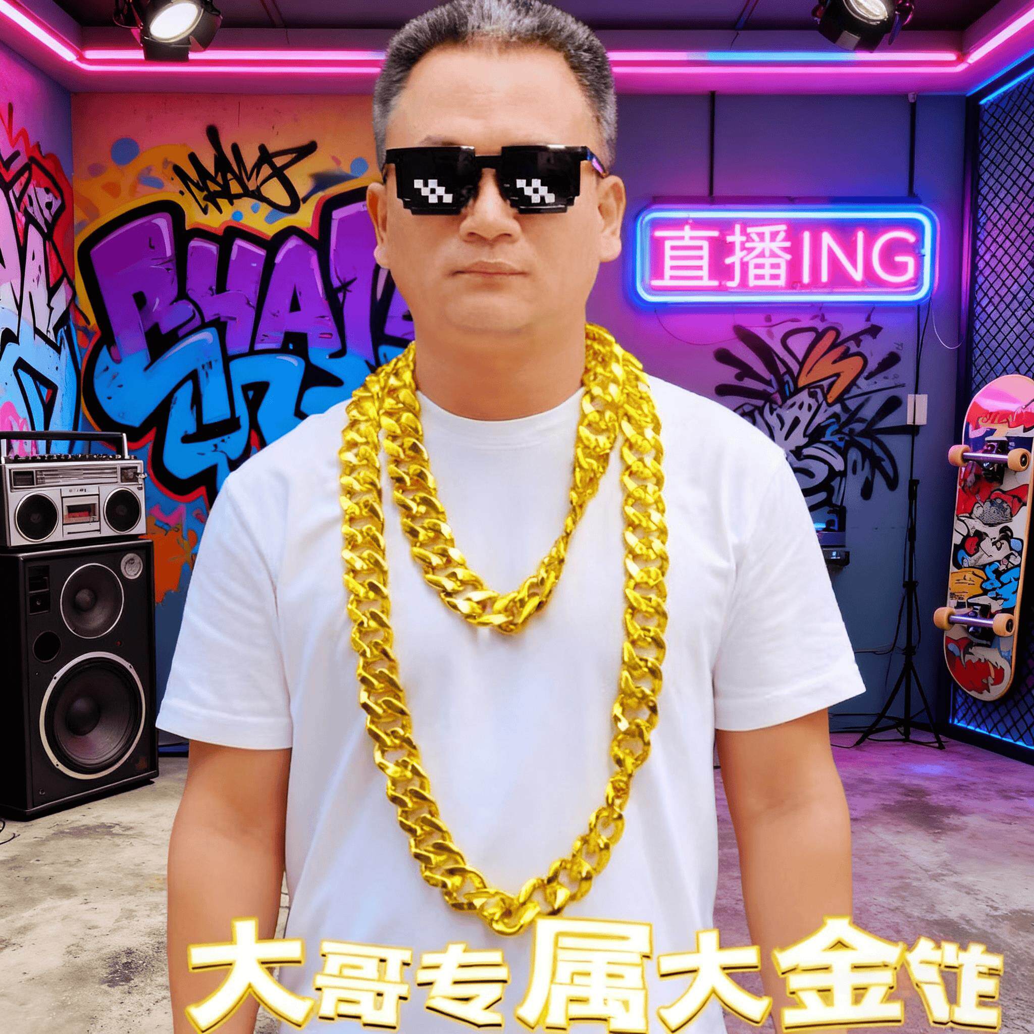 大金链子大金表网红嘻哈土豪男超粗金项链黄金色塑料真搞笑项链