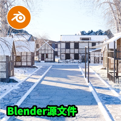 Blender中世纪冬天雪地冬季村庄小镇下载渲染材质模型建模3657