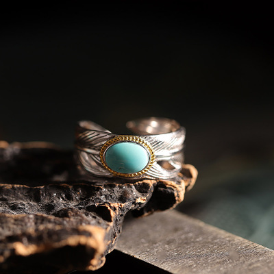 人品银品个性风潮指环S925银镶松石羽毛戒指开口潮流食指戒男女款