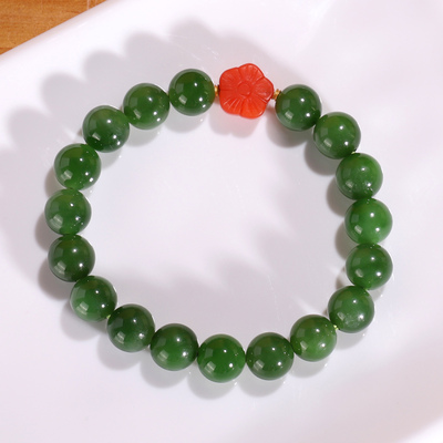 天然俄料碧玉手串9.5mm单圈和田玉碧玉阳绿圆珠原创设计手链WD40
