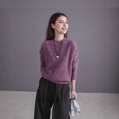 加厚花纱羊毛拉毛V领圆领百搭女式毛衣宽松慵懒女外套老钱风