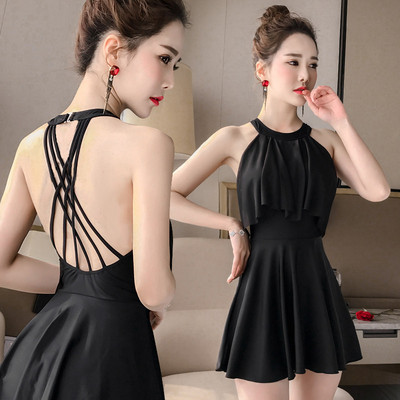 泳衣女连体裙遮肚纯色露背保守