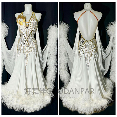 摩登比赛服华尔兹演出服大摆连衣裙定制无袖白色进口鸵鸟毛珍珠丝