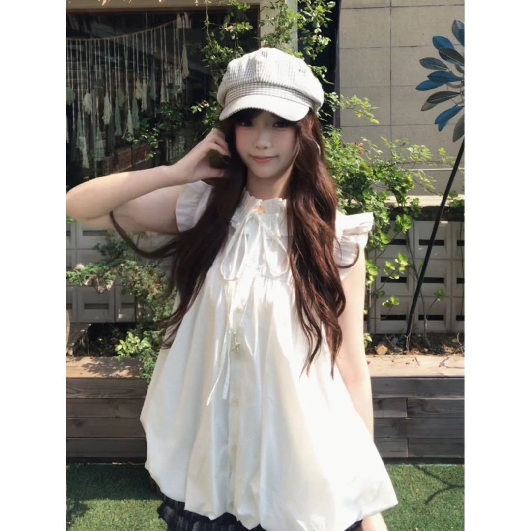 法式温柔风白色小飞袖花苞裙上衣女夏季格纹半身裙套装减龄二件套