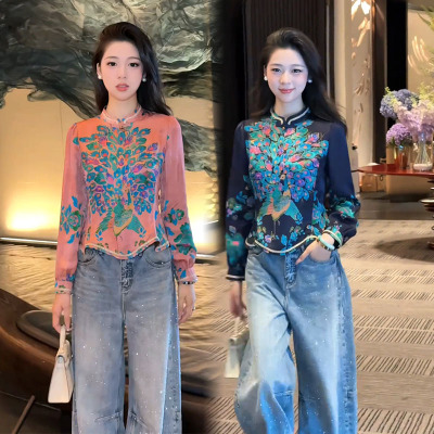 新中式贵气印花立领收腰显瘦衬衫