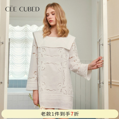 ELLIGIOI白色镂空刺绣海军领叠褶连衣裙女2025秋季新款