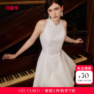 CEECUBED烫钻阔型A摆背心连衣裙