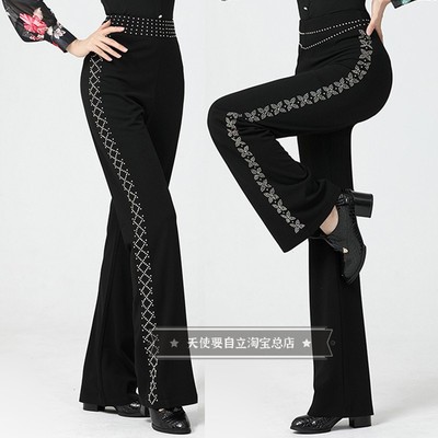 广场舞裤子女2023新款烫钻国标拉丁舞练功裤水兵舞吉特巴舞蹈长裤