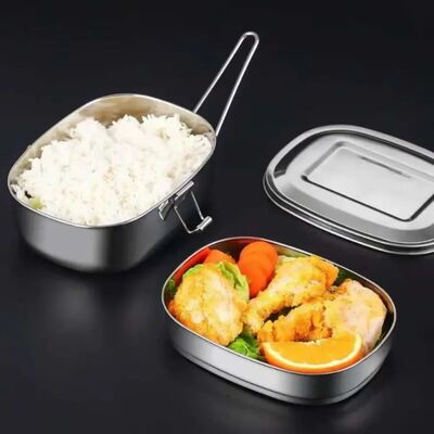 Rectangular Stainless Steel Lunch Box Foldable Handle 1/2