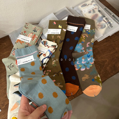 文艺百搭法国油画风中筒袜小腿