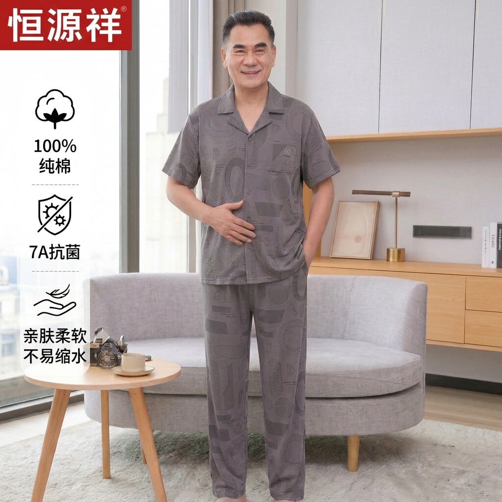 恒源祥中老年睡衣男士夏季薄纯棉短袖长裤爸爸家居服宽松大码套装