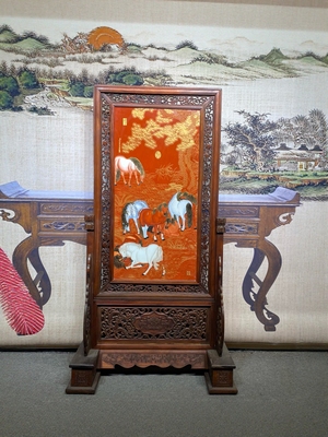 郎世宁作品红木镶瓷板画掐丝八骏图隔断屏风名家纯手绘装饰画插屏