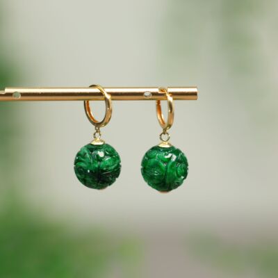 缅甸天然A货翡翠雕花珠子耳坠
